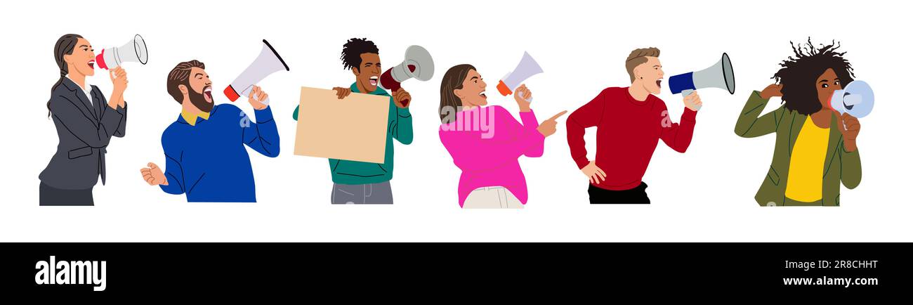 Set of different people shouting through megaphone Stock Vector Image ...