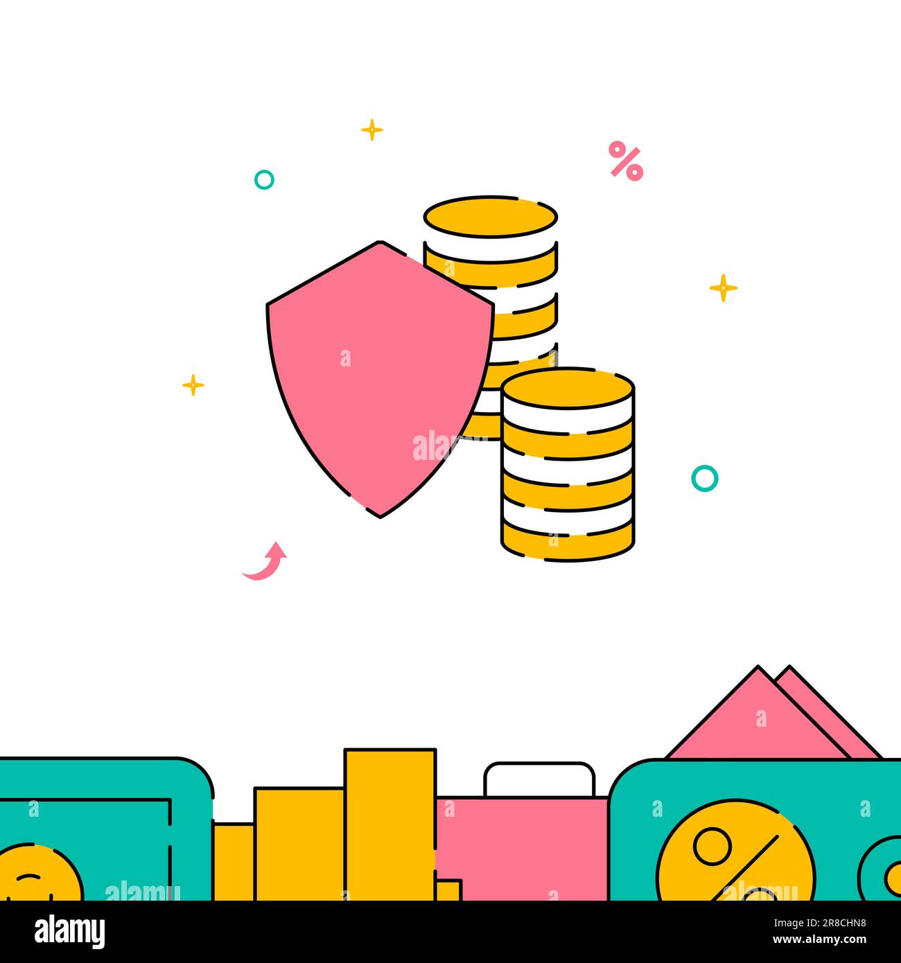 The deposit is protected, coin stack with shield filled line vector ...