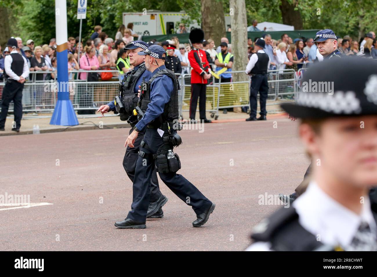 London, UK. 17th June, 2023. Armed police officers patrol along The ...