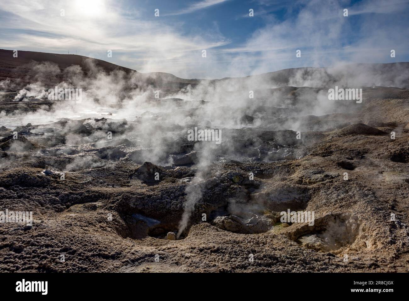 Stunning geothermic field of Sol de Mañana with its steaming geysers ...