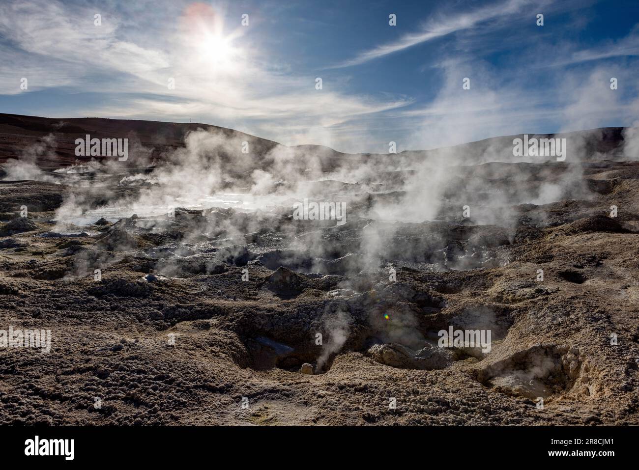 Stunning geothermic field of Sol de Mañana with its steaming geysers ...