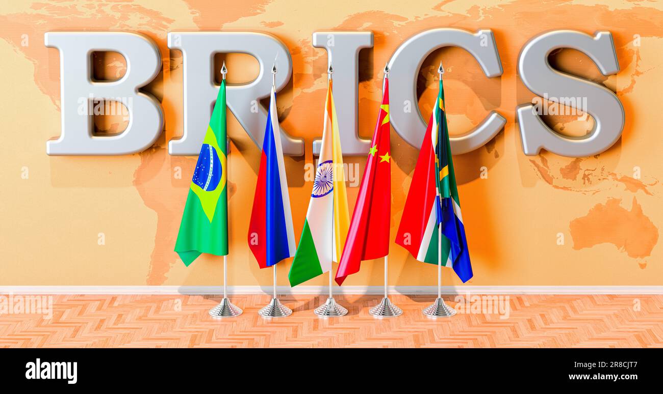 BRICS summit, flags of all members BRICS in room. 3D rendering Stock ...