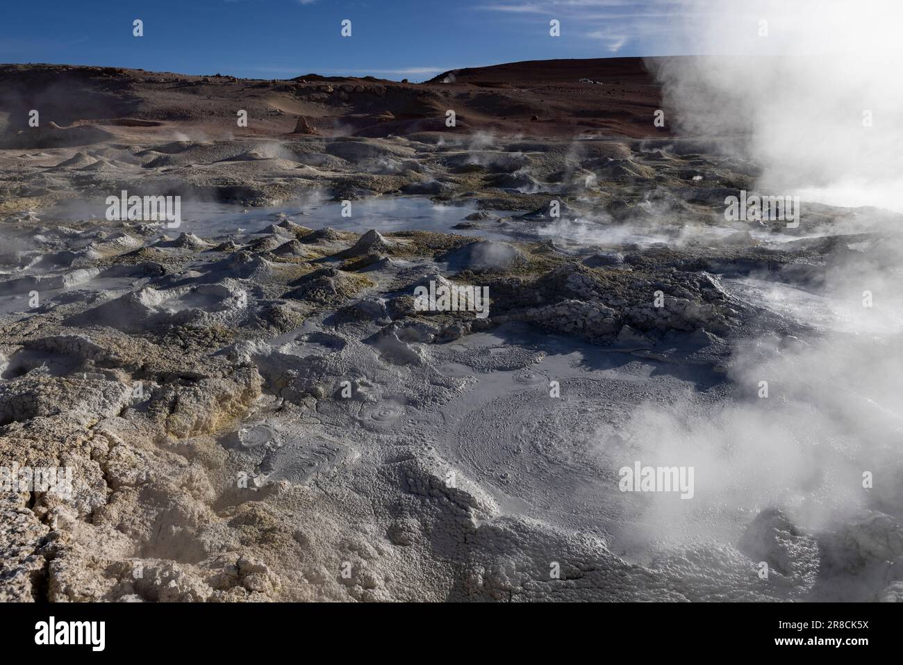 Stunning geothermic field of Sol de Mañana with its steaming geysers ...