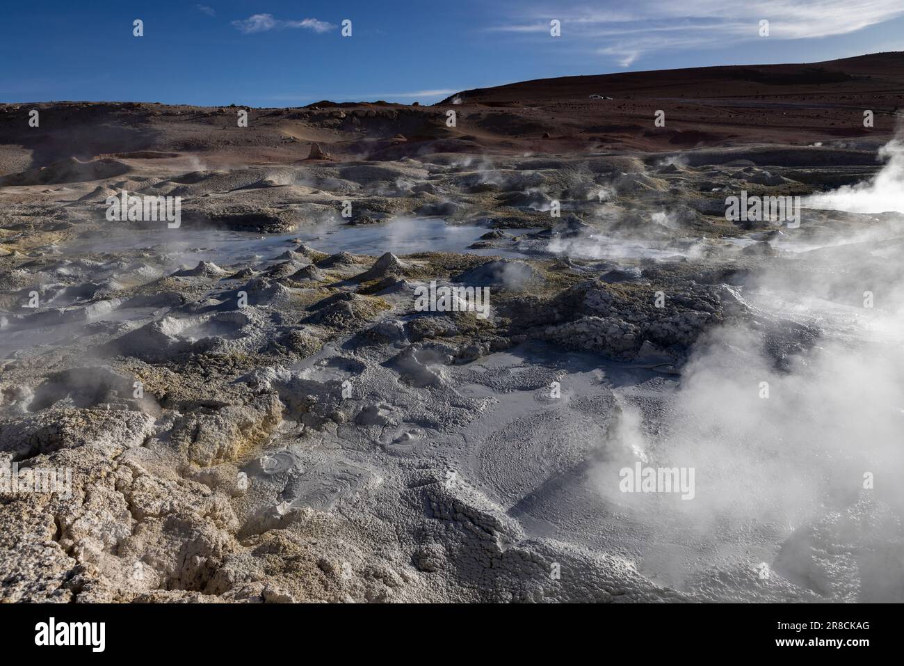 Stunning geothermic field of Sol de Mañana with its steaming geysers ...