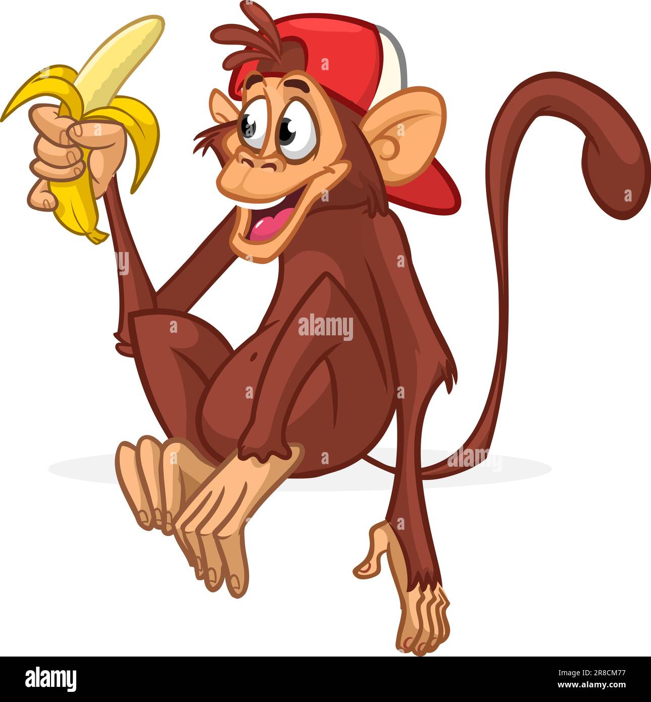 Cartoon monkey chimpanzee holding and eating banana. Vector ...