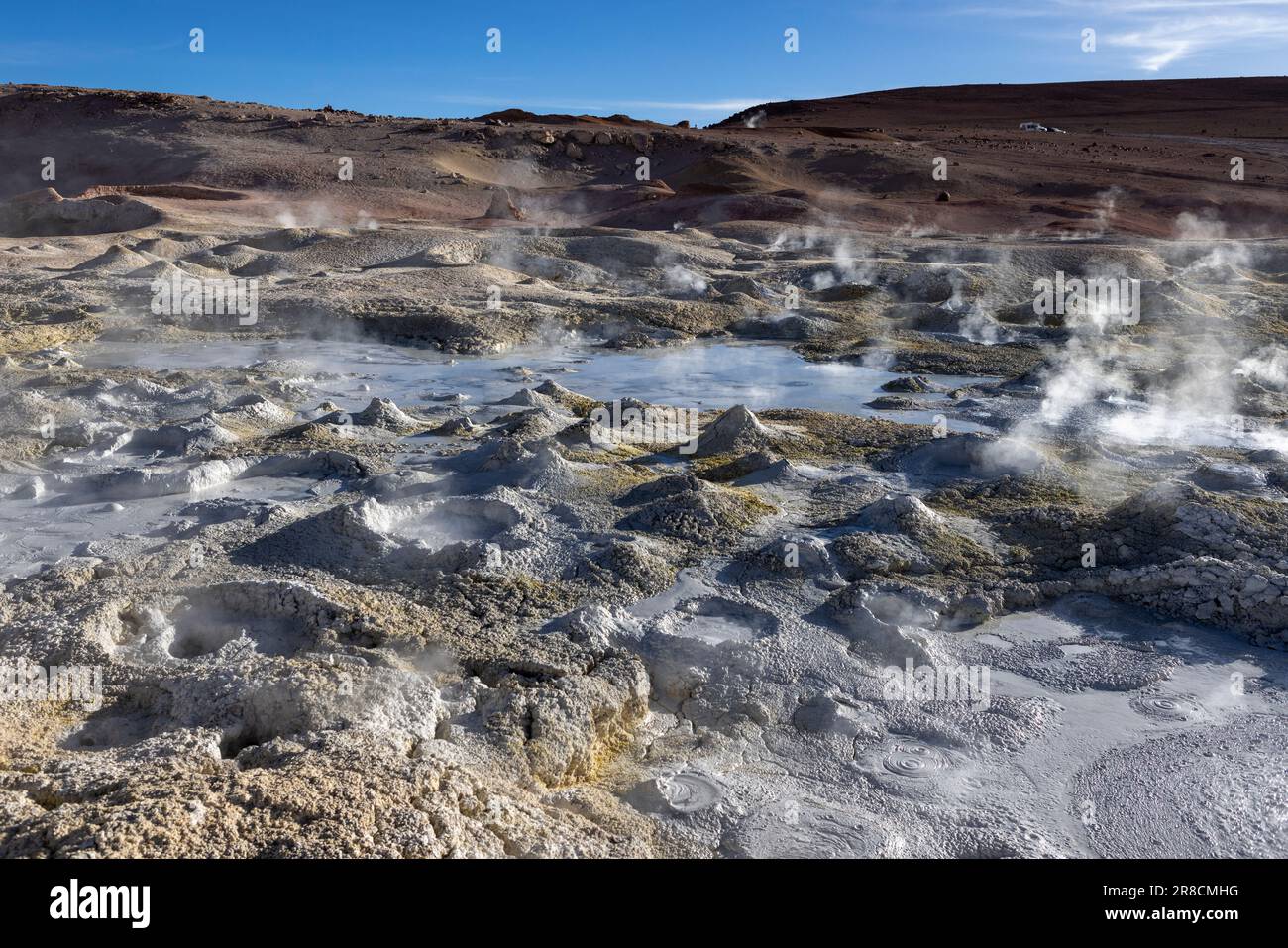 Stunning geothermic field of Sol de Mañana with its steaming geysers ...