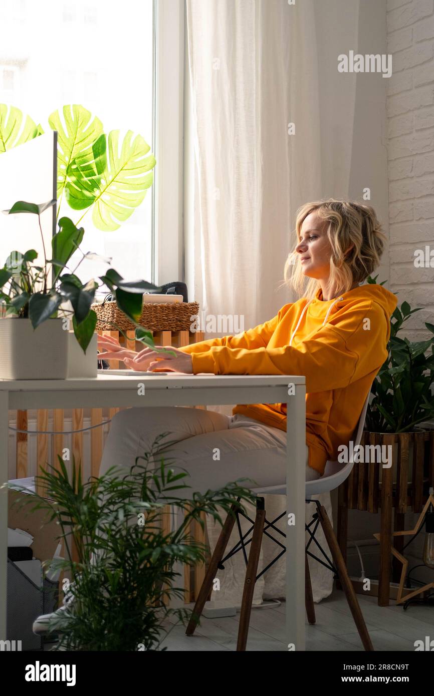 Happy woman girl Using computer laptop working office work remotely ...