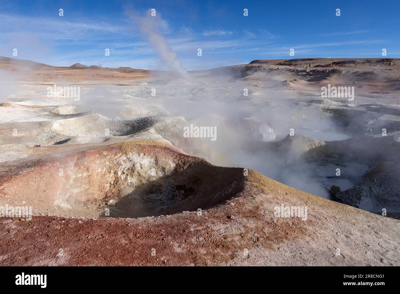 Stunning geothermic field of Sol de Mañana with its steaming geysers ...