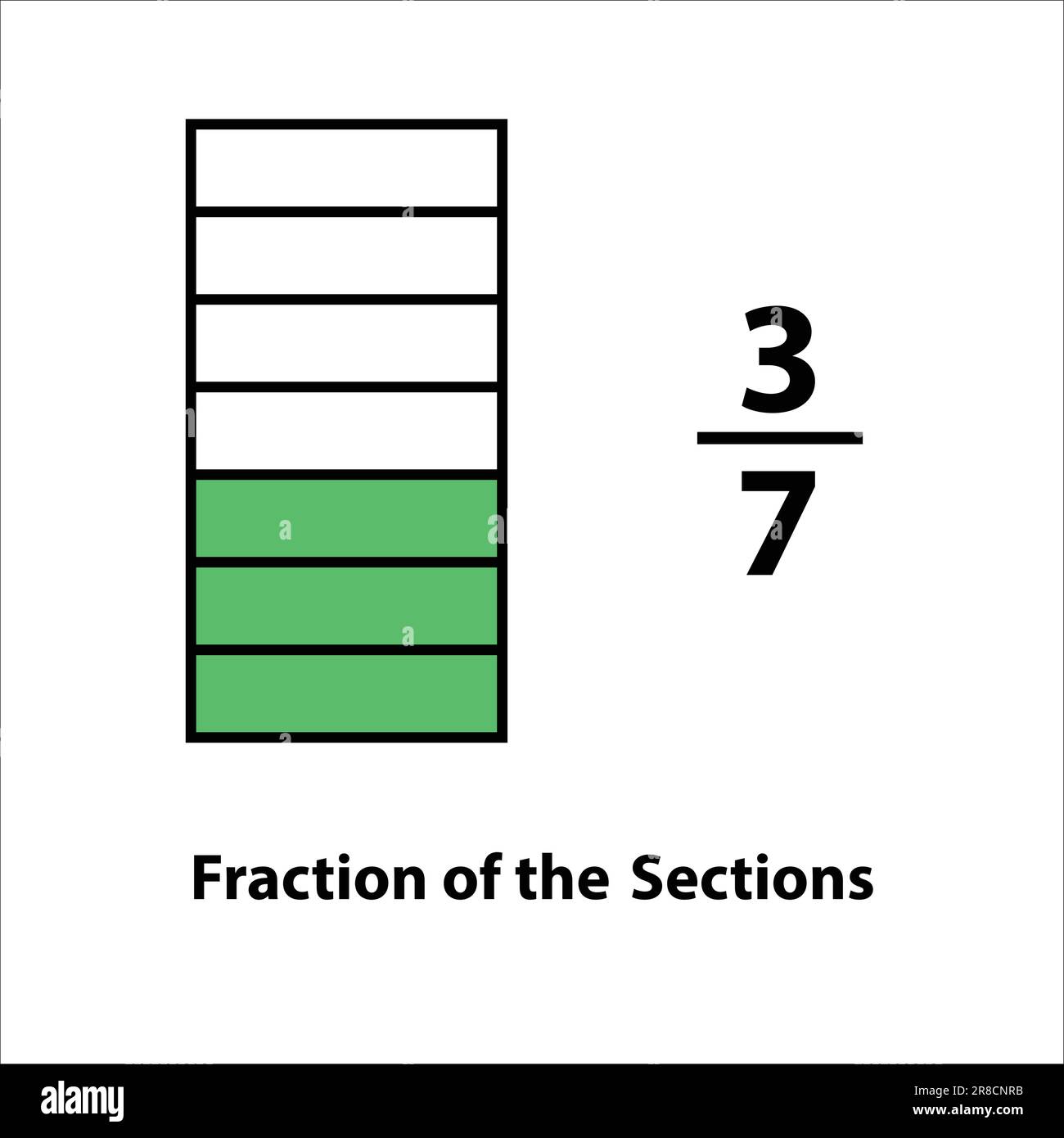 The fraction of the pie is divided into slices 3 by 7. Fractions for Vector flat outline icon ...