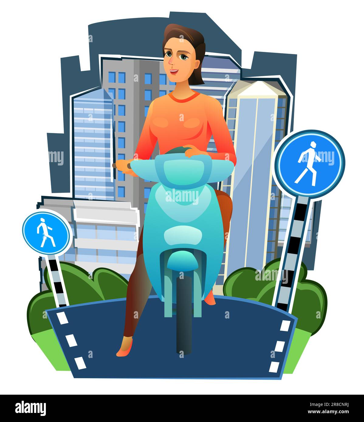 Girl on scooter. Stop and yield to pedestrians. Against backdrop of big ...