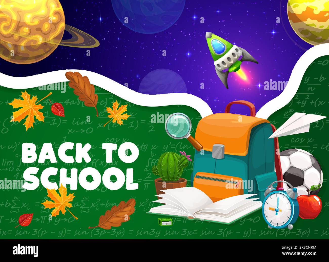 Education poster, space planets and rocket with schoolbag on vector ...