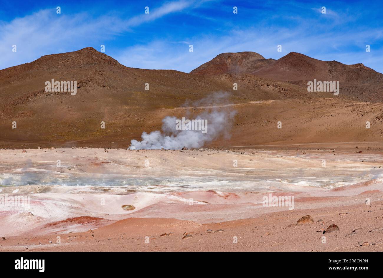 Stunning geothermic field of Sol de Mañana with its steaming geysers ...