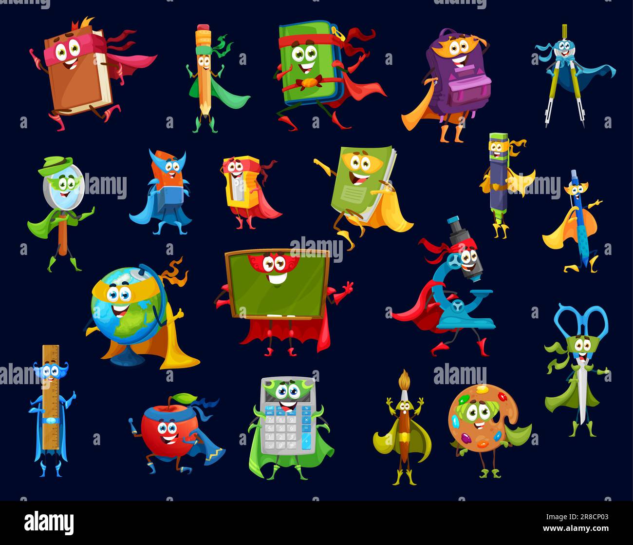 Cartoon school stationery superhero characters. Superhero vector ...