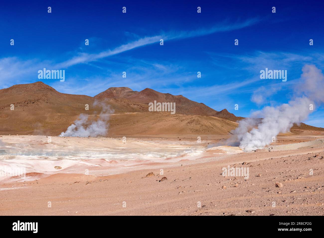 Stunning geothermic field of Sol de Mañana with its steaming geysers ...