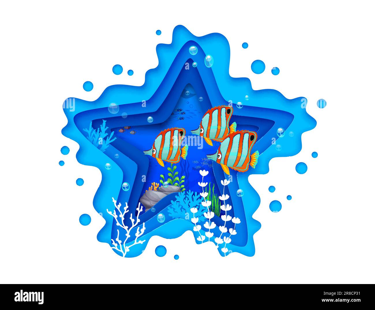 Starfish shape of sea paper cut landscape with cartoon tropical fish ...