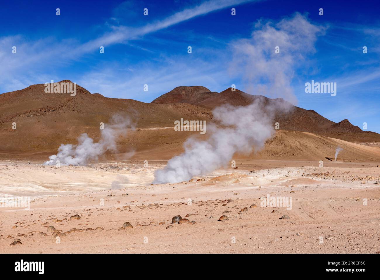 Stunning geothermic field of Sol de Mañana with its steaming geysers ...