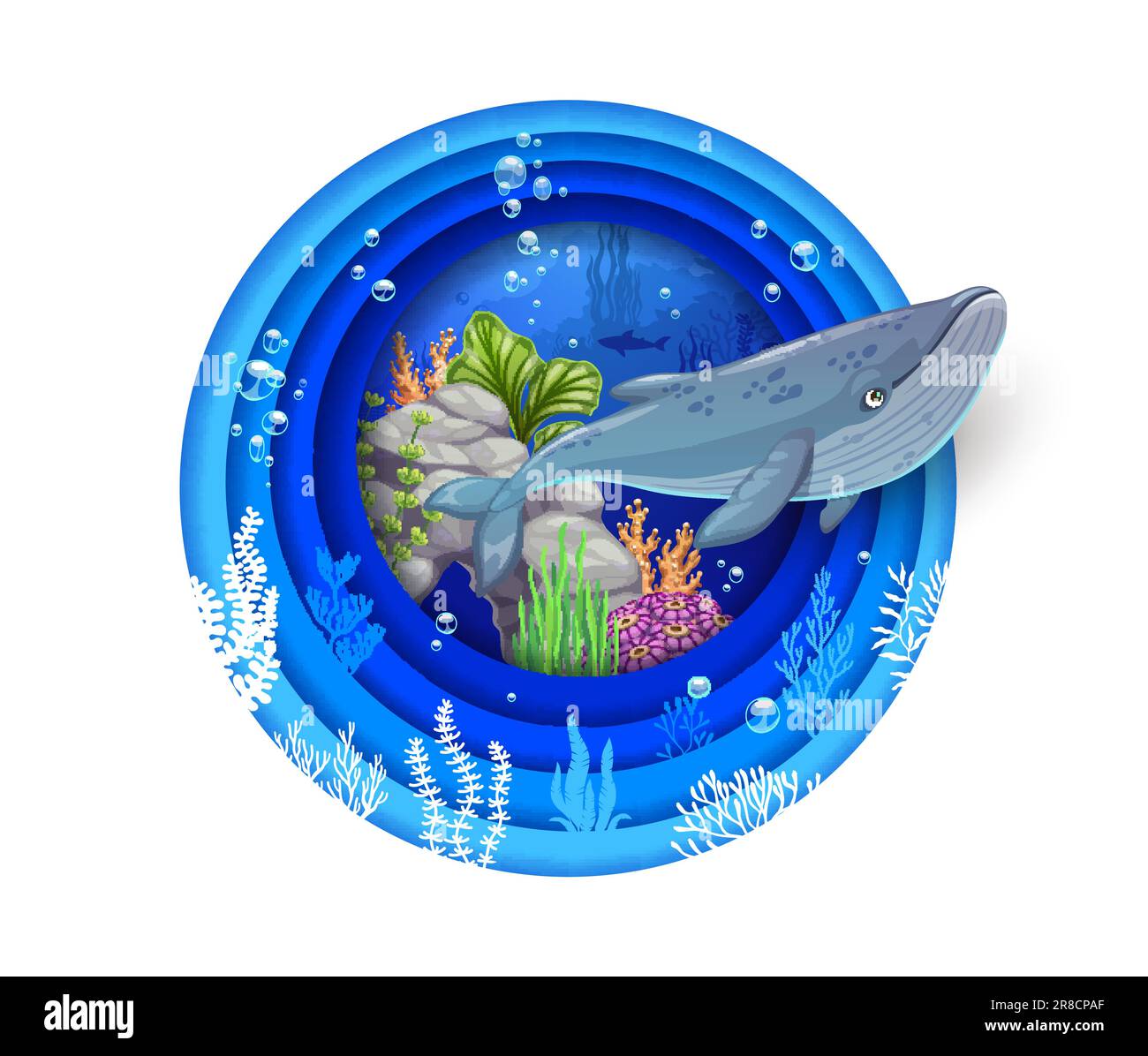 Cartoon sea paper cut of underwater landscape with whale, vector ...