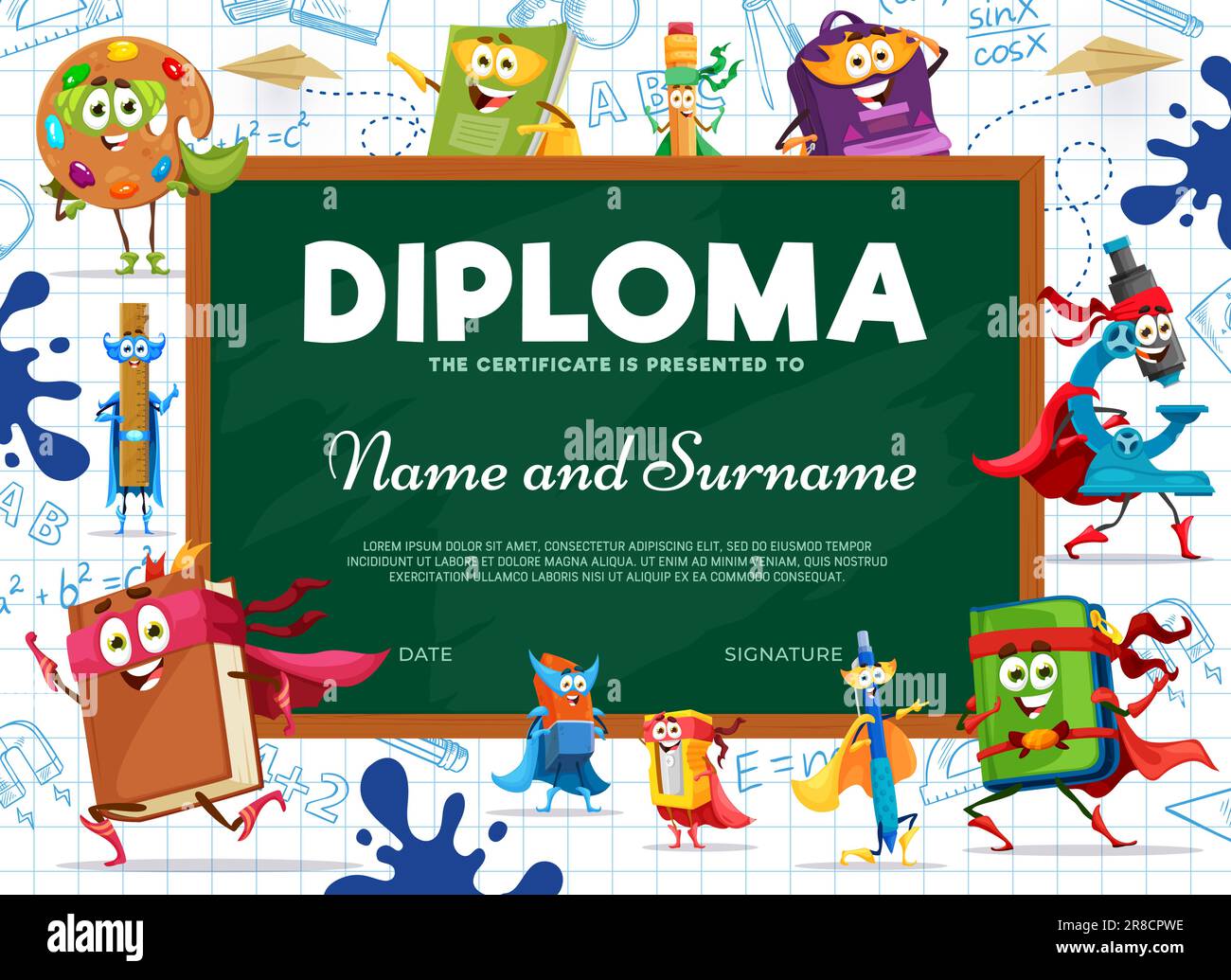 Kids diploma cartoon stationery superhero characters. Education school ...