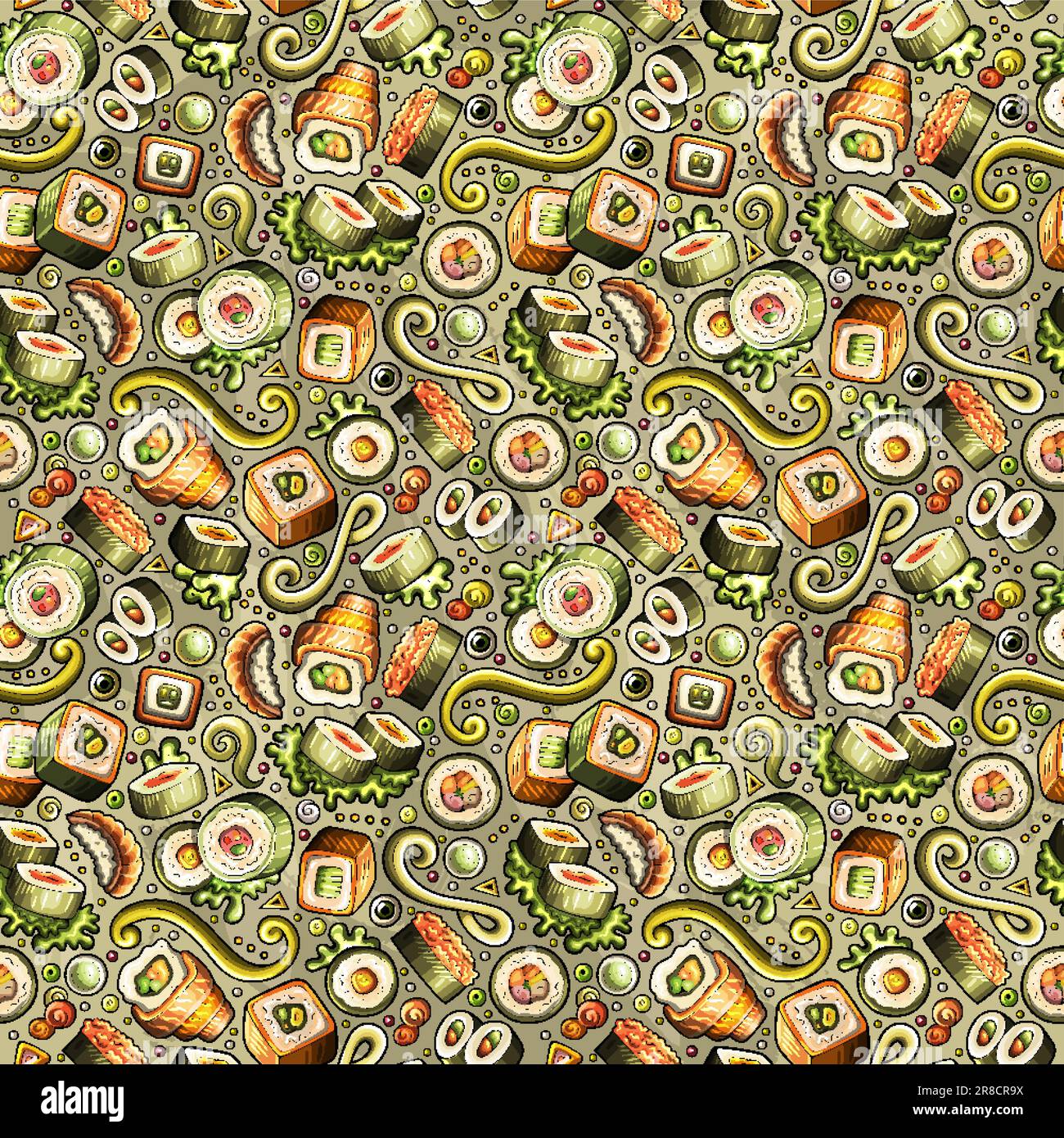 Cartoon cute hand drawn Japan food seamless pattern. Colorful with lots ...