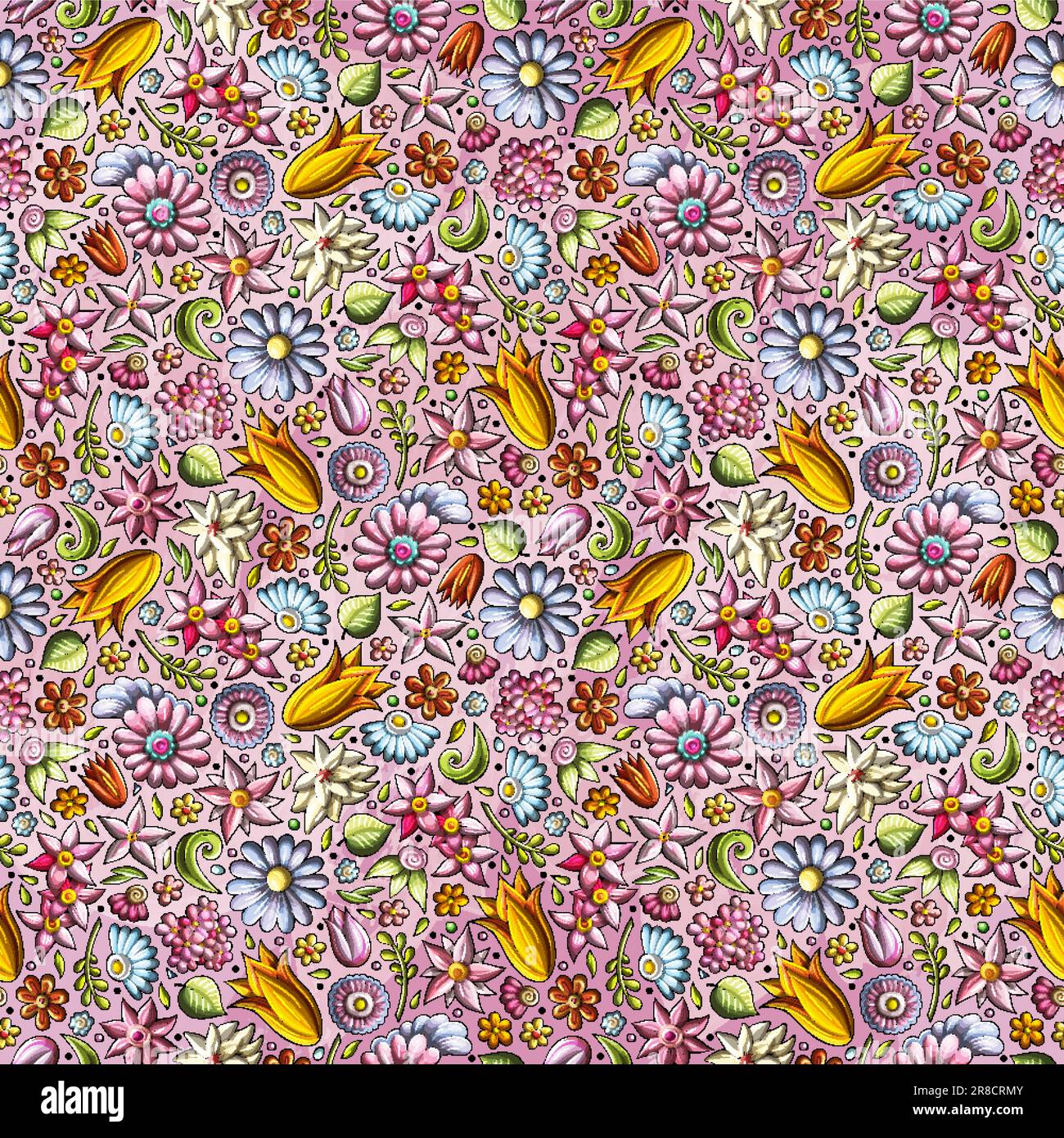 Cartoon cute Spring flowers seamless pattern. Colorful detailed, with ...