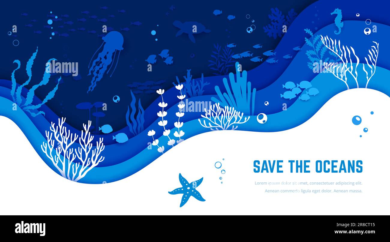 Save the ocean. Sea animals and seaweeds on paper cut underwater ...