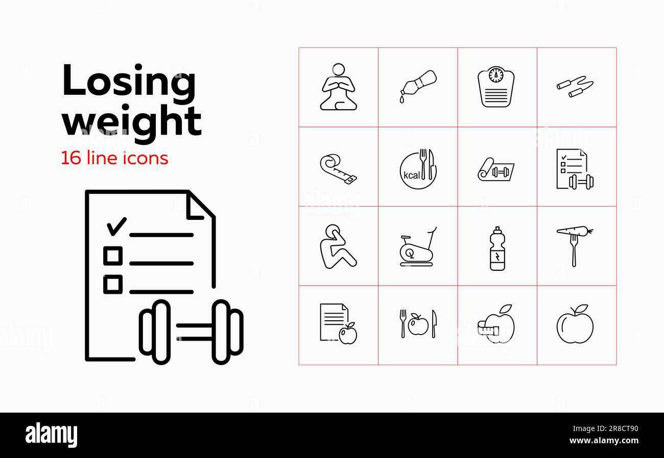 Losing weight icons. Set of line icons. Fitness, yoga, healthy eating ...
