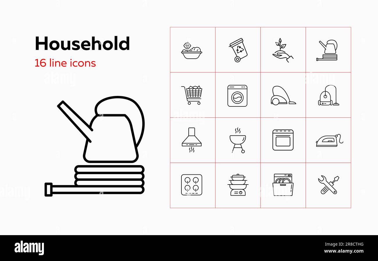 Household line icon set. Washing machine, cooking, gardening. Housework ...