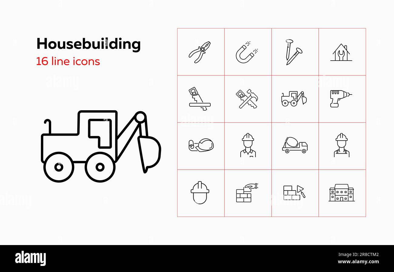 Housebuilding line icon set. Foreman, brickwork, hammer, house ...