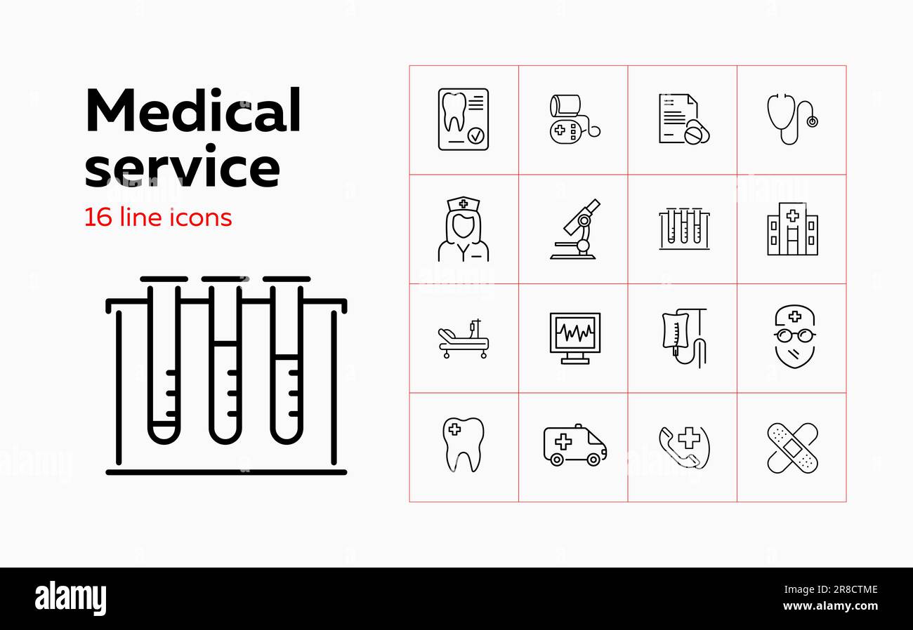 Medical service line icon set. Hospital, microscope, doctor, cardiogram ...
