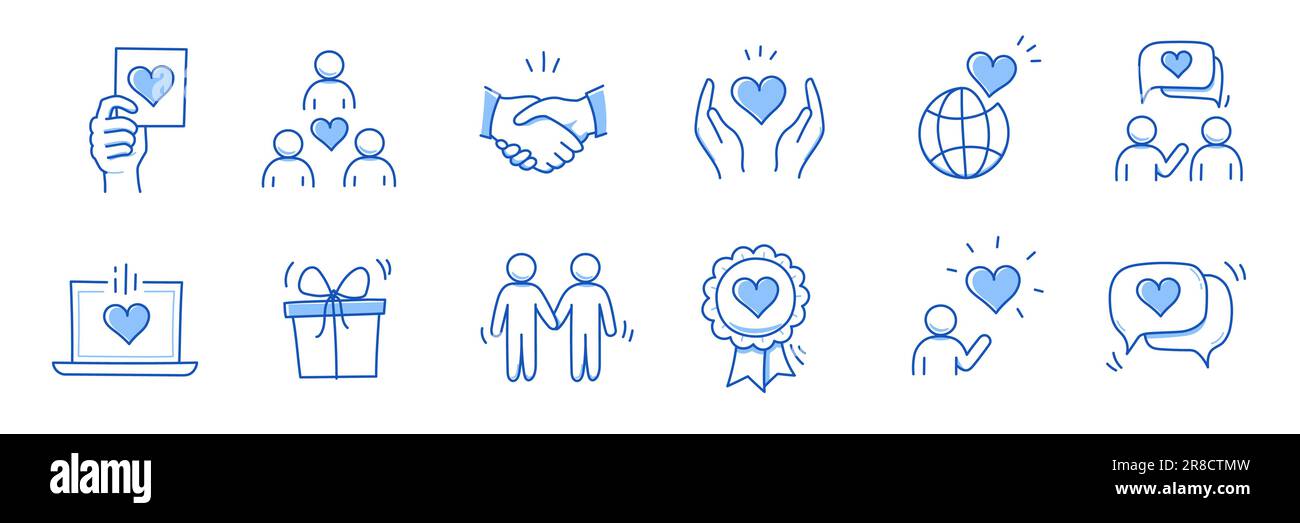 Charity hand, trust community doodle line icon. Charity community ...