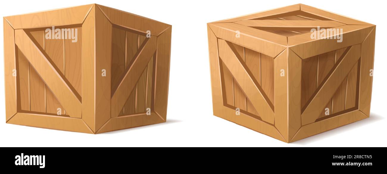 Cartoon style vector icon. Wooden cartoon style box in front and half ...