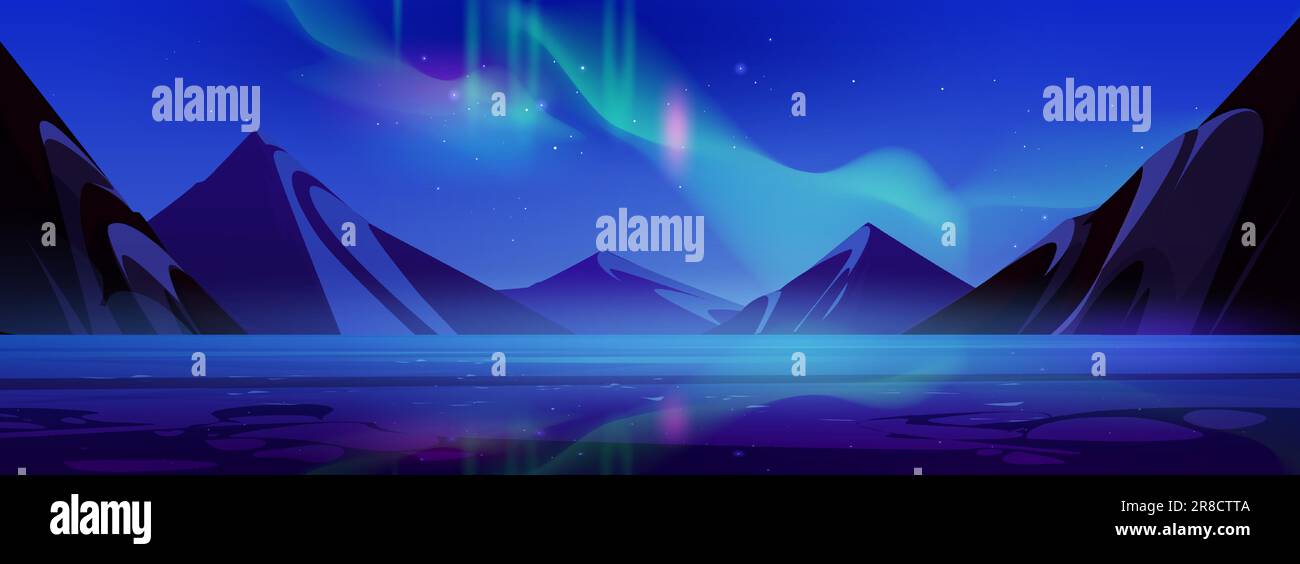 Aurora light in sky mountain sea view background. Night northern vector landscape illustration ...