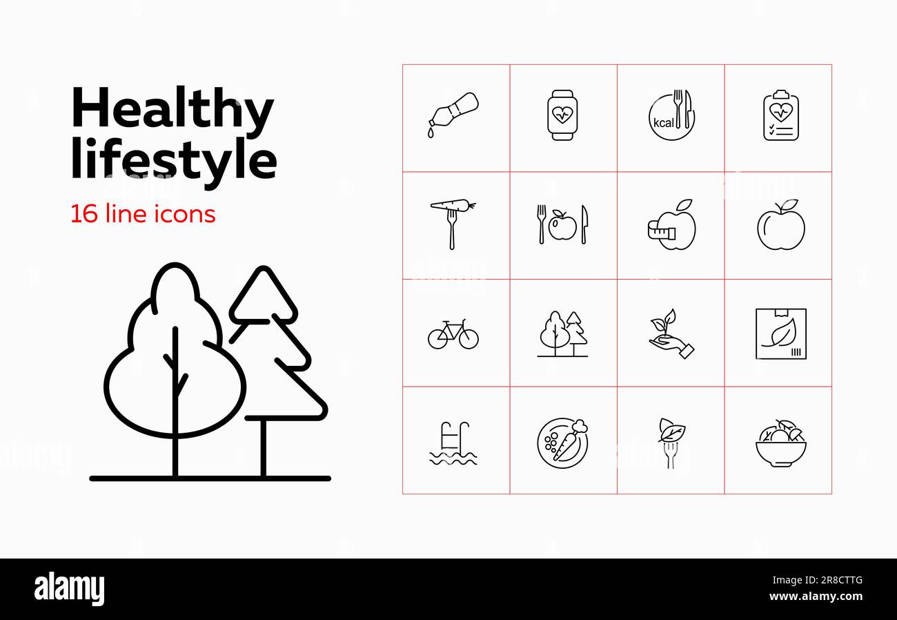 Healthy lifestyle icons. Set of line icons on white background. Healthy ...
