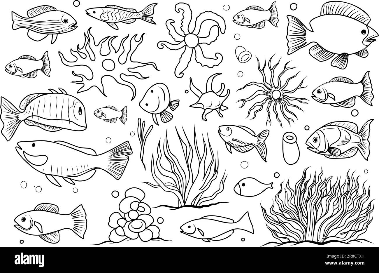 Underwater life coloring page. cartoon elements of the seabed linear ...