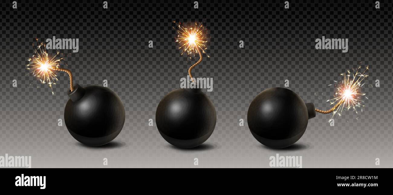 3d realistic vector icon set. Black round bombs with burning fuse under ...