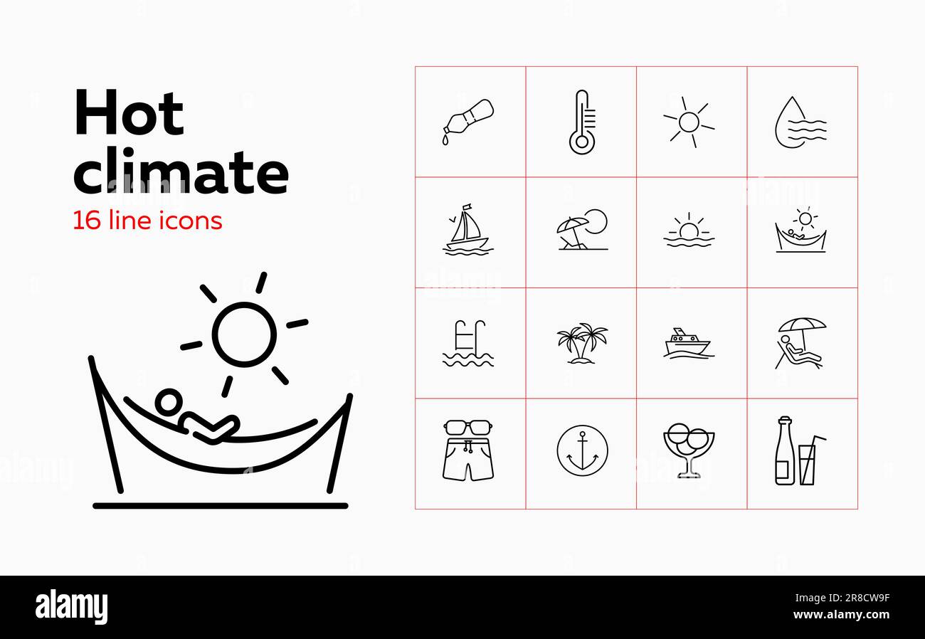 Hot climate icons. Set of line icons. Humidity, trip, tourism. Vacation ...