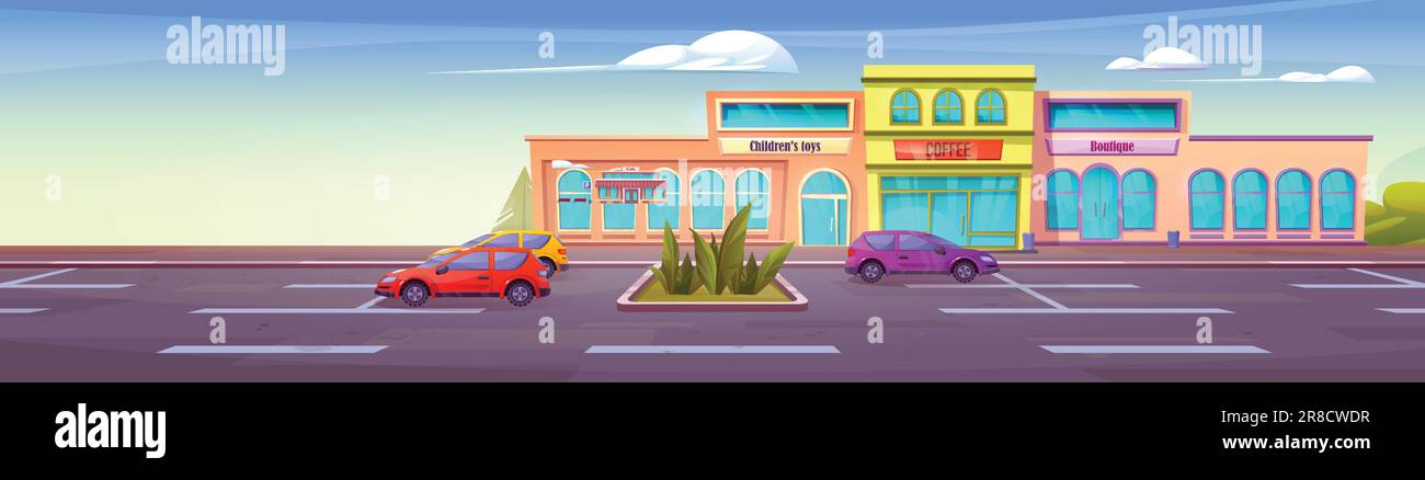 Parking lot with cars near shopping mall in city. Vector cartoon ...