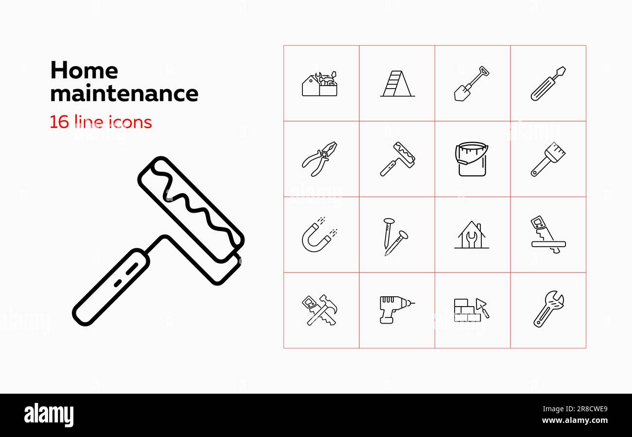 Home maintenance line icon set. Tool box, painting brush, wrench ...
