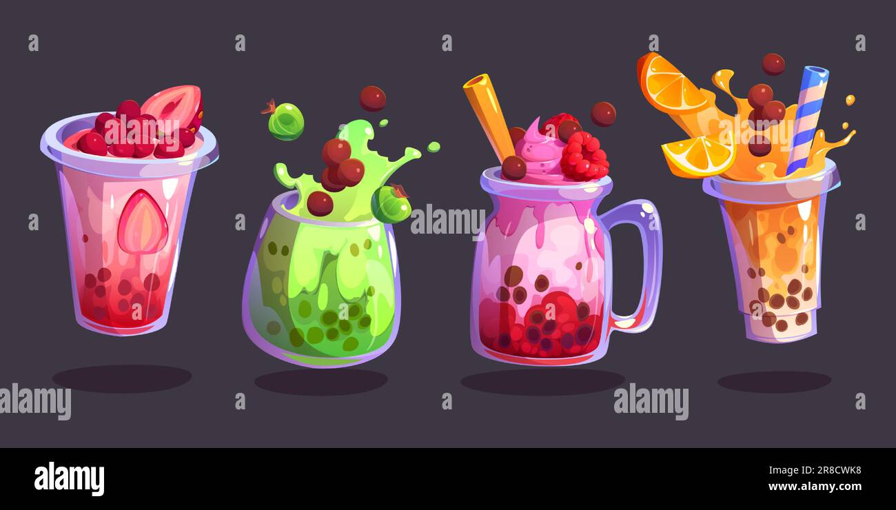 Tea bubble beverage with milk and tapioca vector. Summer boba ice drink ...