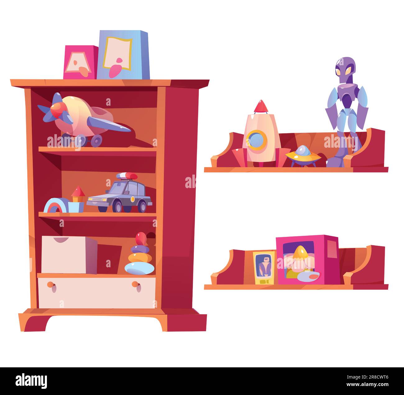 Shop shelves with baby toys and games for kids. Store interior elements ...