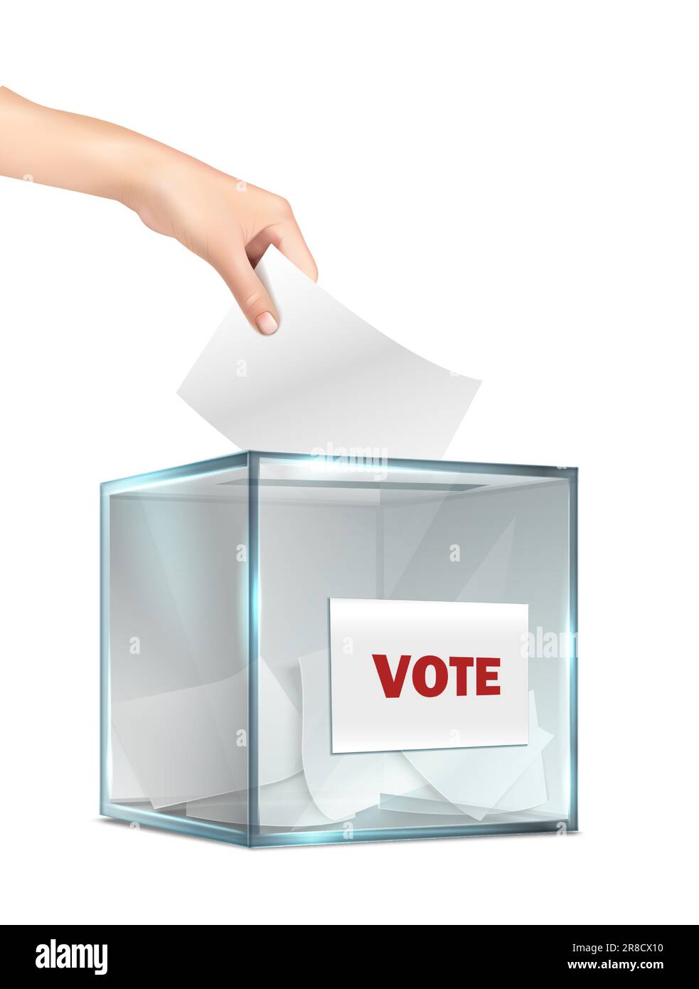 3d realistic vector icon. Ballot box made of glass and hand putting ...