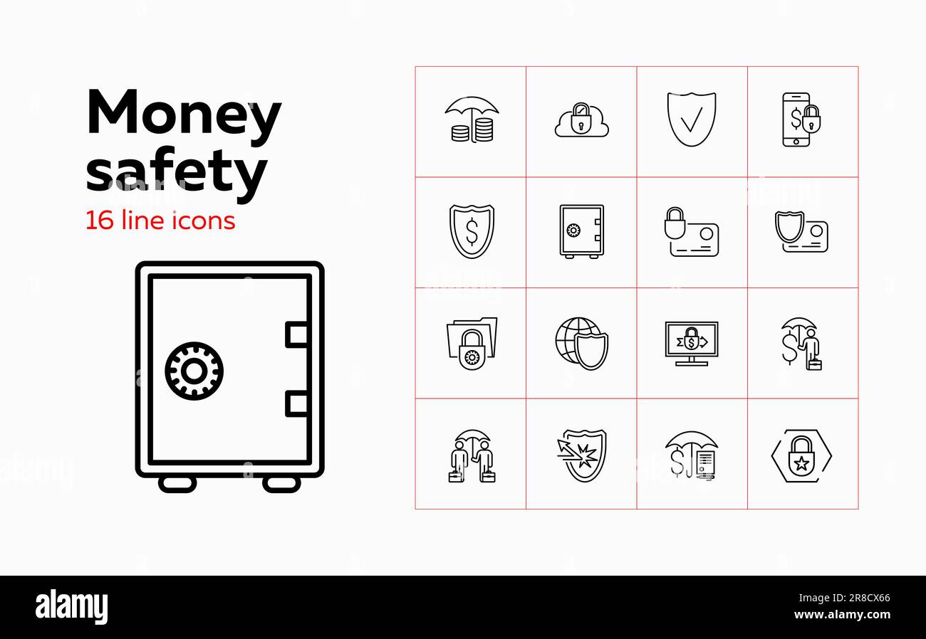 Money safety icons. Set of line icons on white background. Money ...