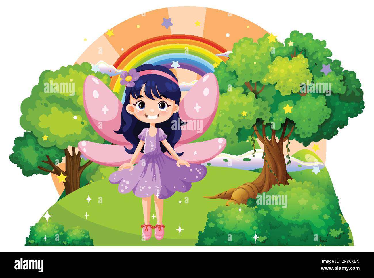 Fairy princess cartoon at magic land background illustration Stock ...