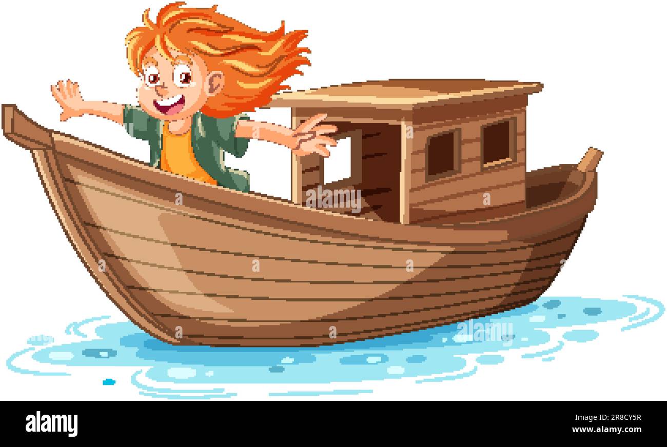 Adventure Girl on Wooden Boat illustration Stock Vector Image & Art - Alamy