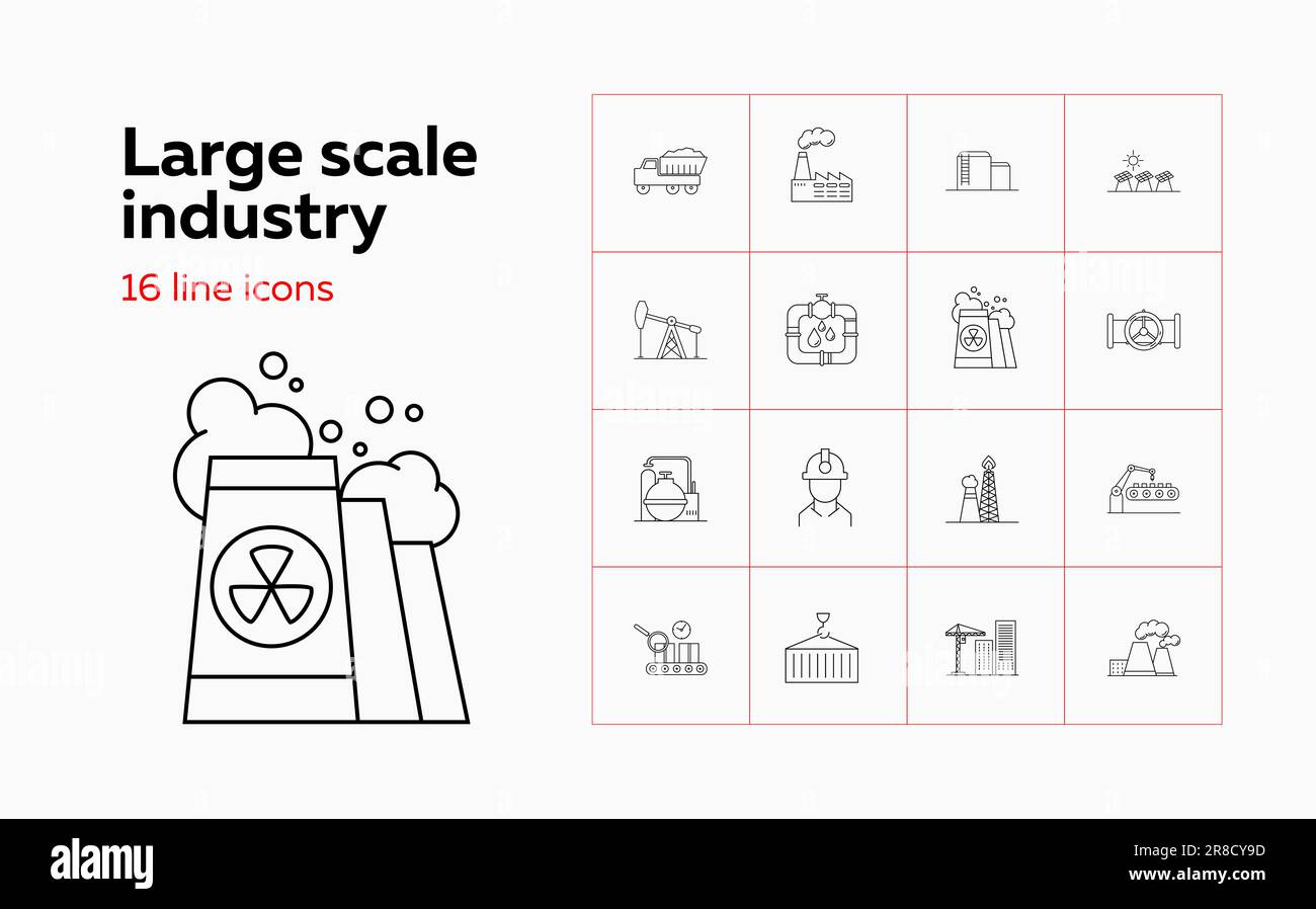 Large scale industry line icon set. Engineer, factory, oil derrick ...