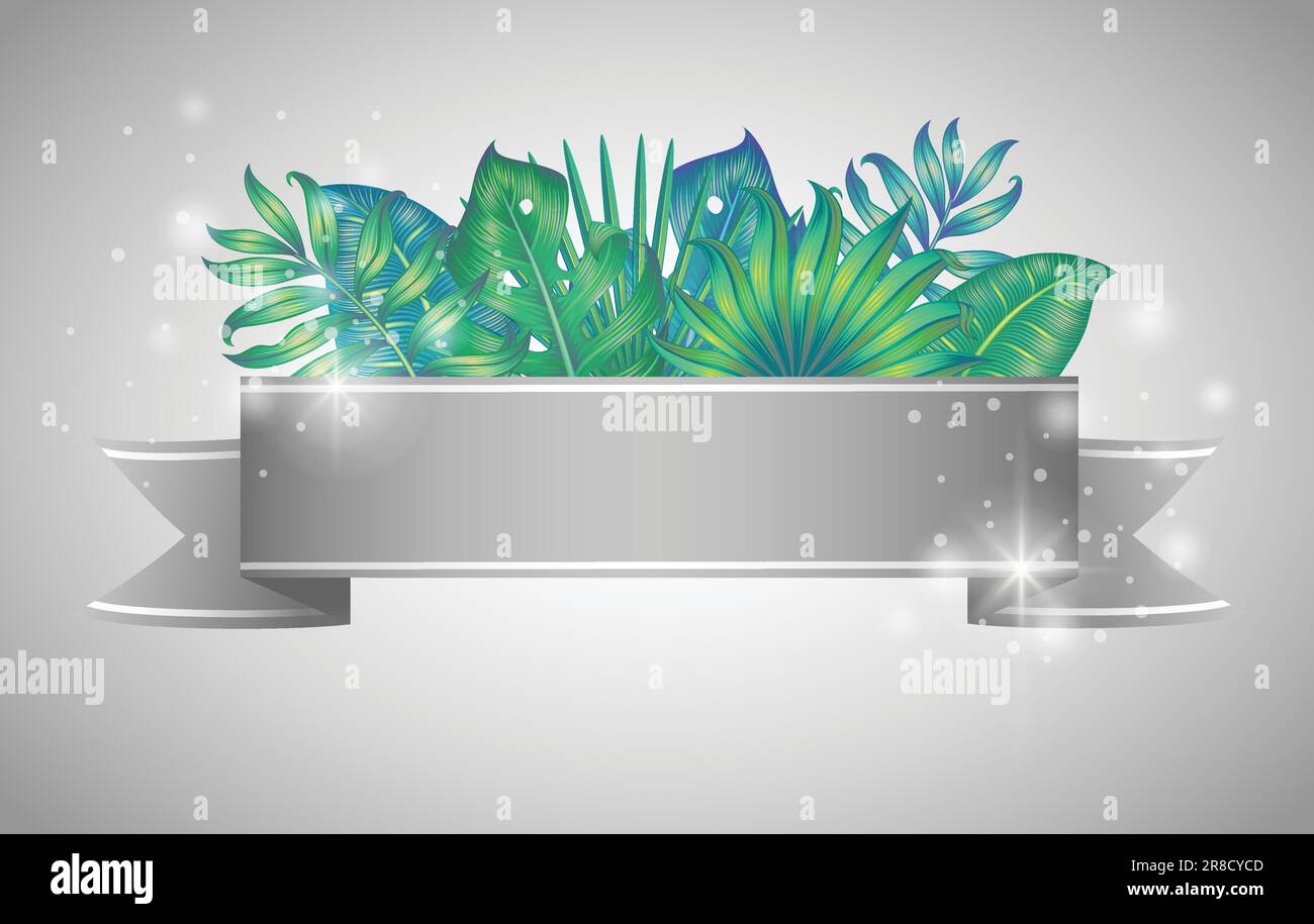 Banner with different tropical leaves isolated on white. Vector ...