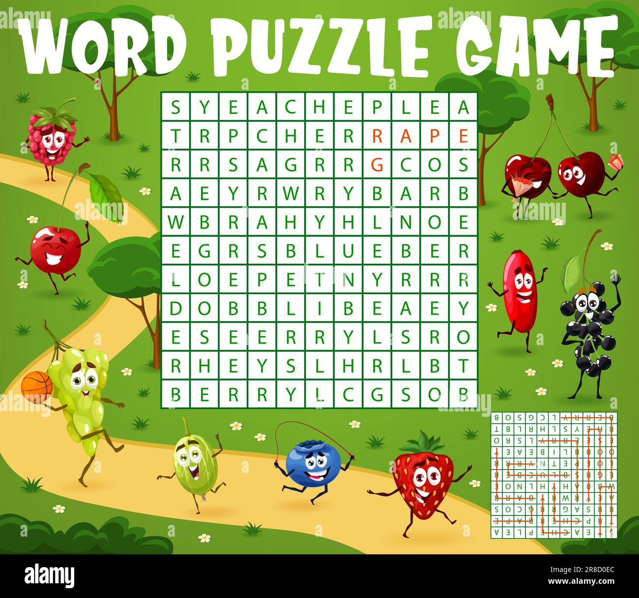 Word search puzzle game worksheet. Cartoon cheerful berry character on ...