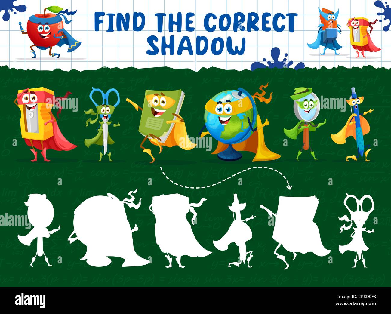 Find the correct shadow of cartoon stationery superhero characters kids ...
