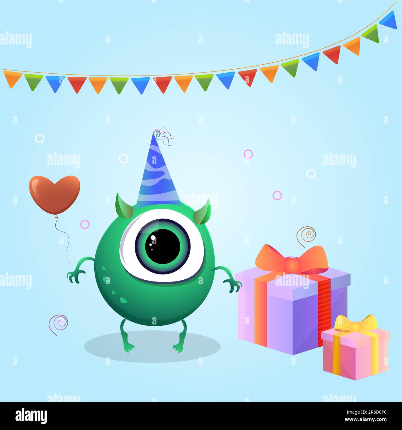 A cute round monster in a birthday cap is holding a balloon. Vector ...