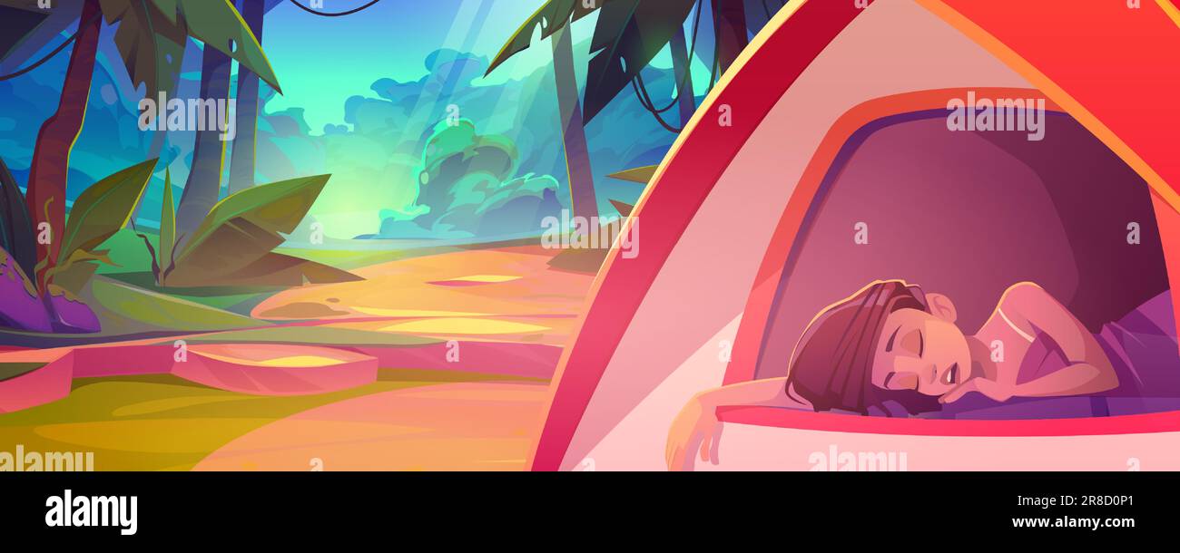 Woman sleep in camping tent in jungle forest vector cartoon ...